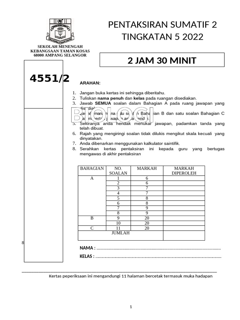BIOLOGI KERTAS 2 TING 5 | PDF