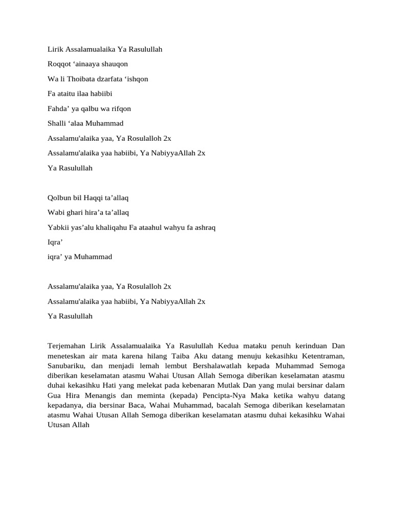 Lirik Assalamualaika Ya Rasulullah | PDF | Religion & Spirituality