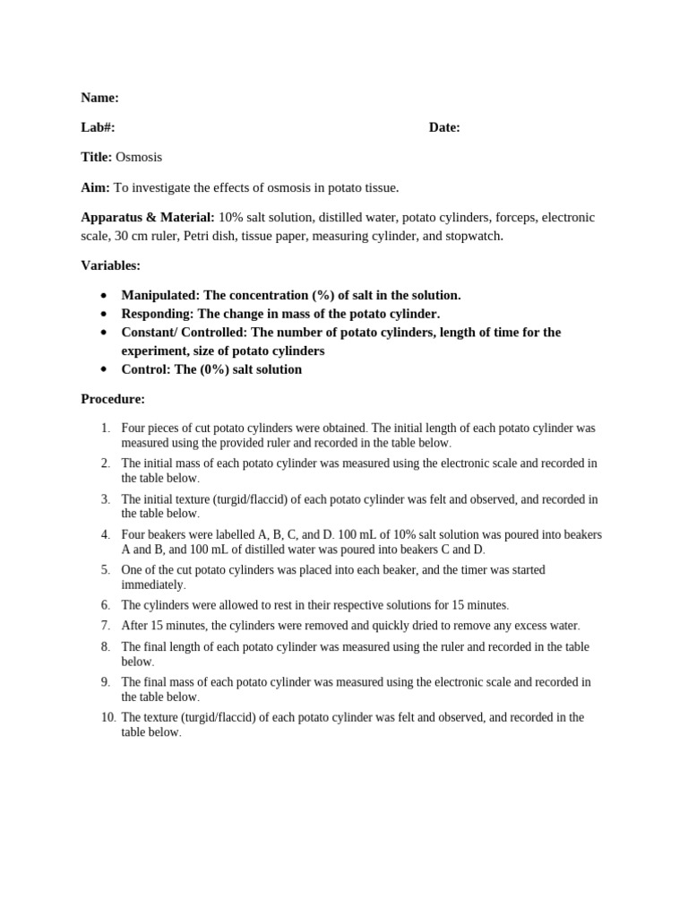 Osmosis Lab Worksheet Letter | PDF