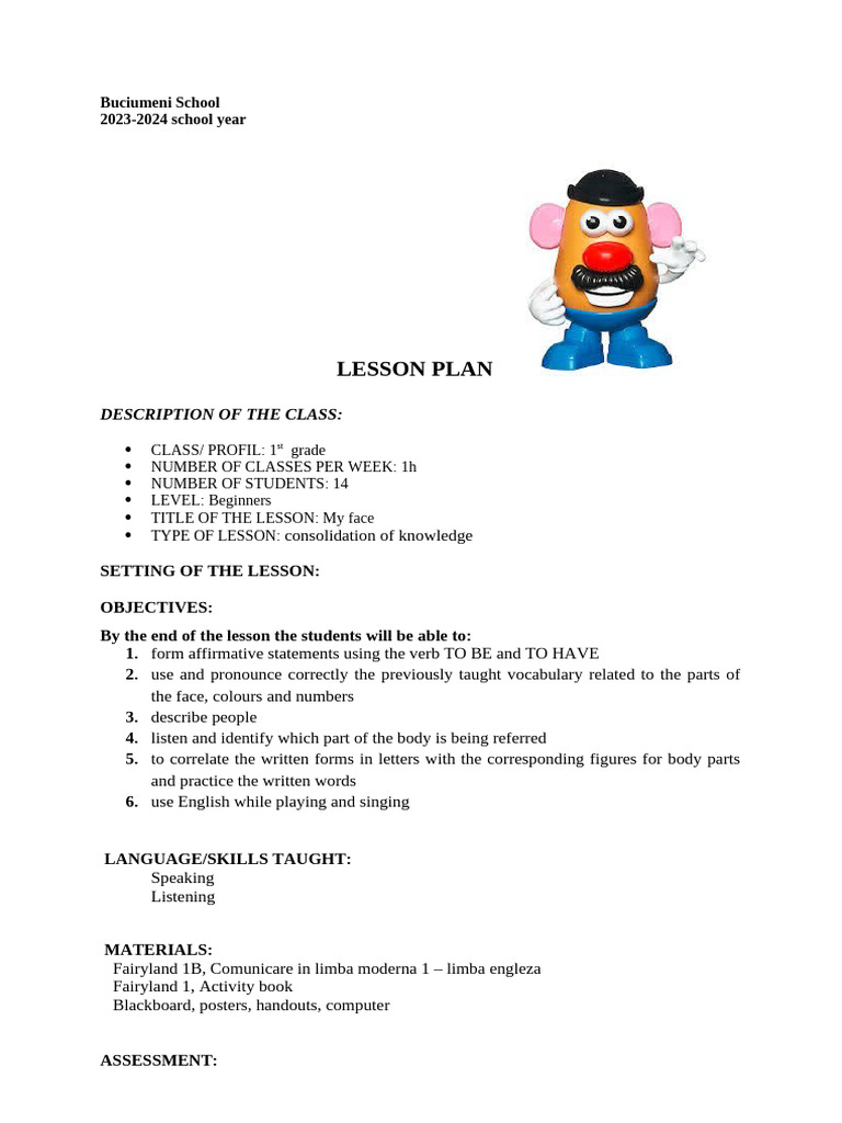 Lesson Plan Face Parts | PDF