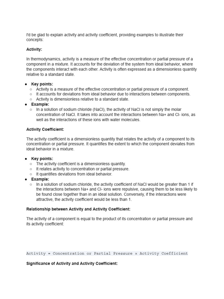 What Is Activity and Activity Coefficient - Explai... | PDF