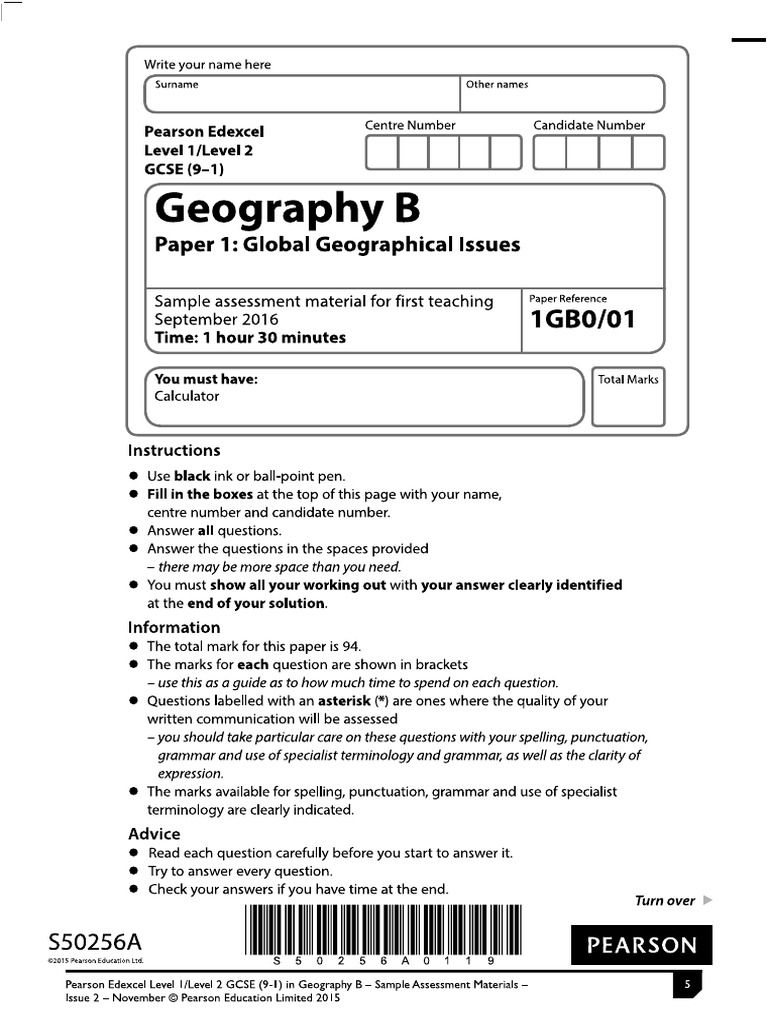 Specimen QP - Paper 1 Edexcel (B) Geography GCSE | PDF | Finance & Money Management | Technology ...