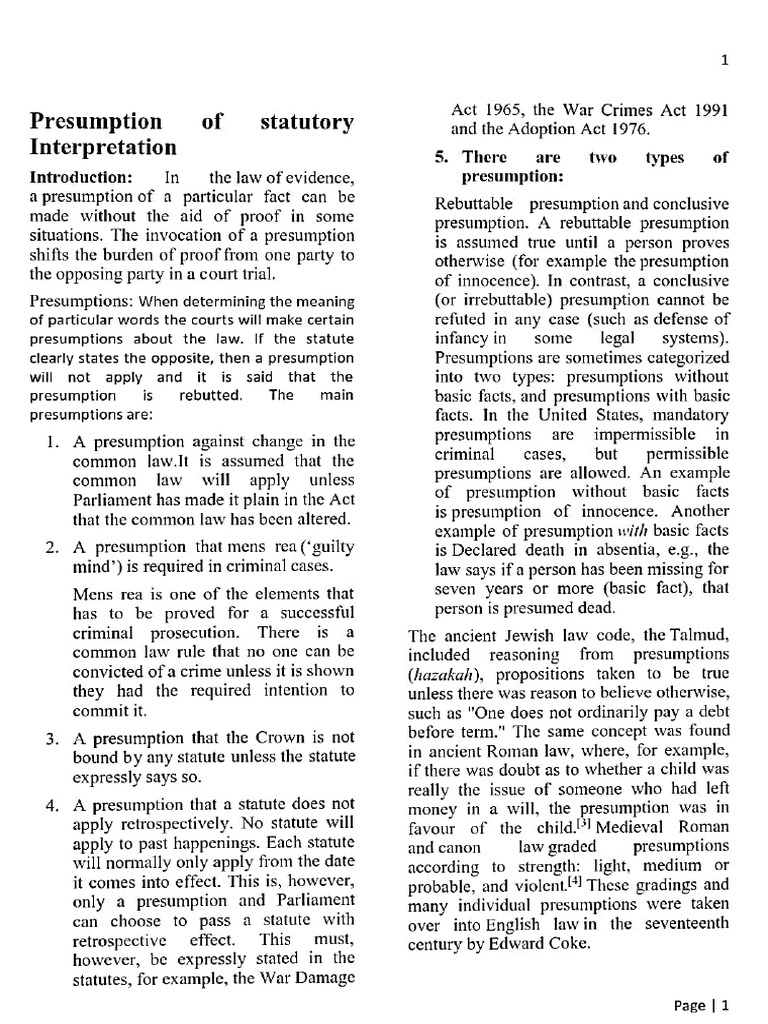 Presumptions of Statutory Interpretation | PDF