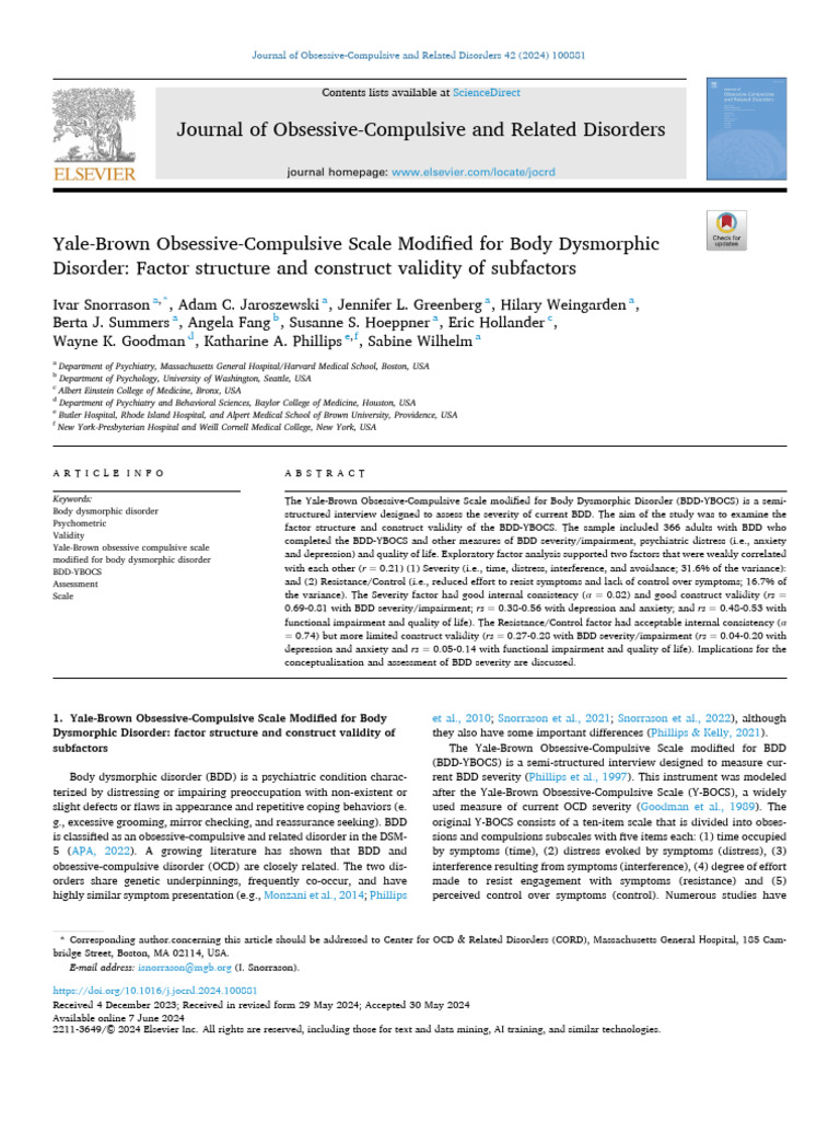 Yale-Brown Obsessive-Compulsive Scale Modified For Body Dysmorphic ...