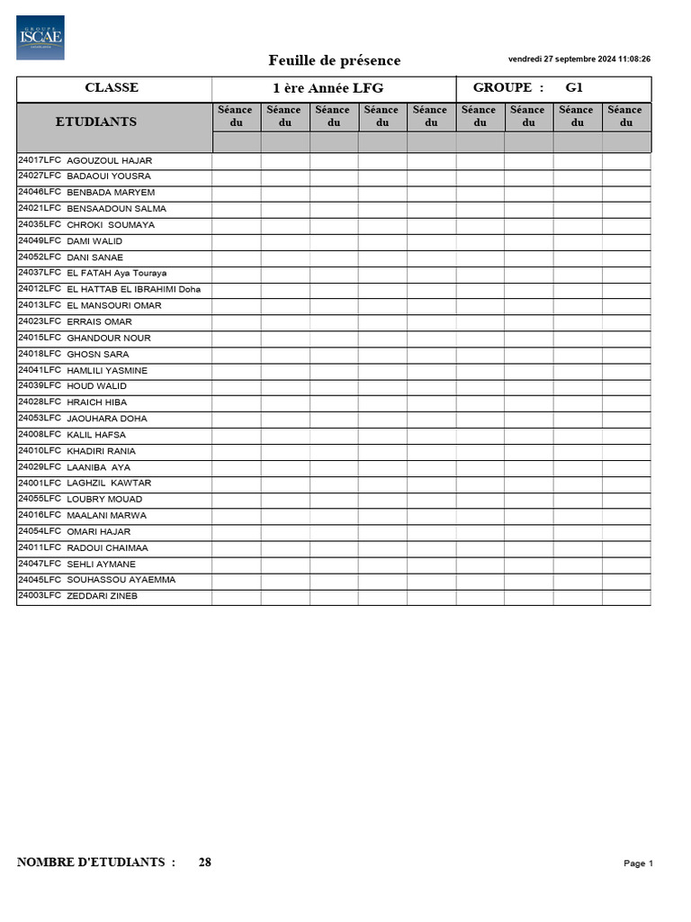 Liste de Presence LFG 1a G1 2024-2025 | PDF