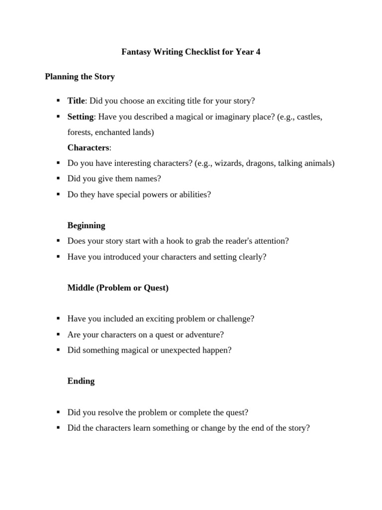 Fantasy Writing Checklist For Year 4 | PDF