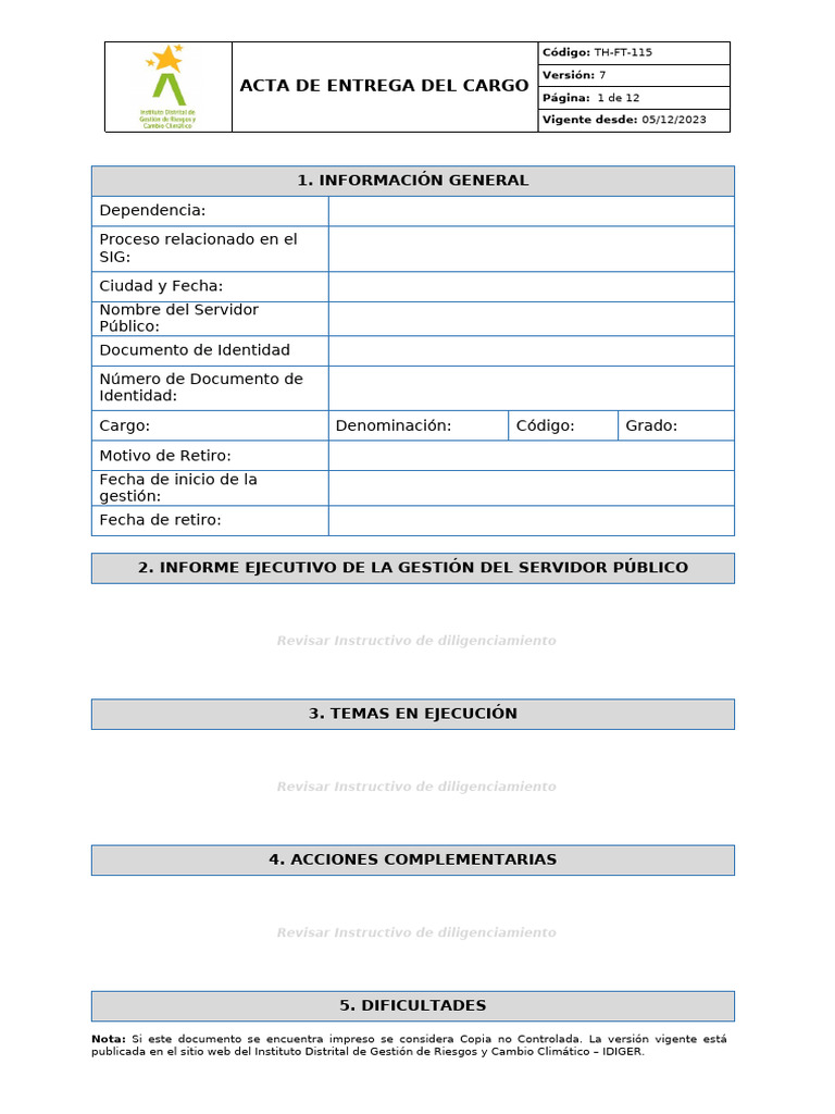 TH-FT-115 Formato Acta de Entrega Del Cargo V7 | PDF