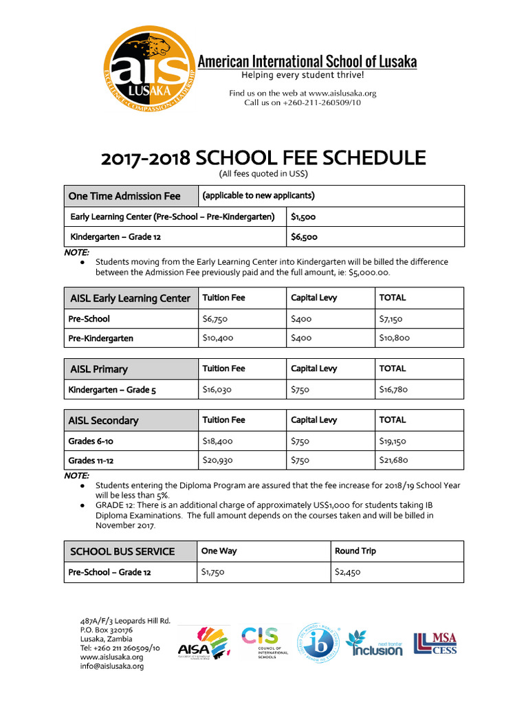 2017 2018 School Fee Schedule Pdf