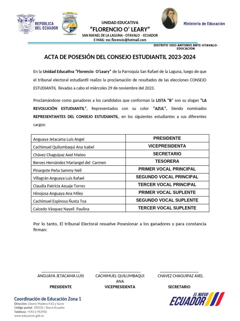 Acta de Posesion Gobierno Estudiantil-Nuevo Formato 2023,2024 | PDF