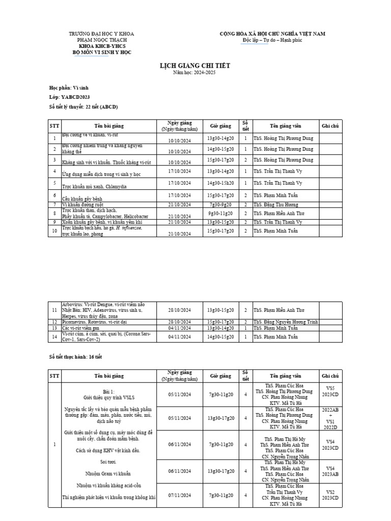 LICH GIANG CHI TIET 2024 2025 - Y - G I SV | PDF