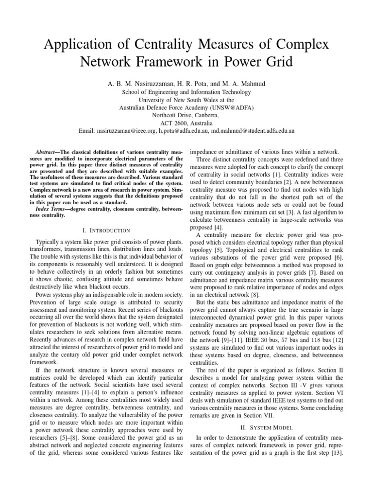 Application of Centrality Measures of Complex Network Framework in Power Grid | PDF