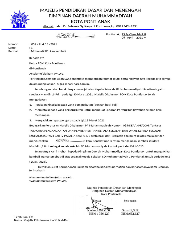 Permohonan SK Kan Kembali Kepala Sekolah SDM 1 | PDF