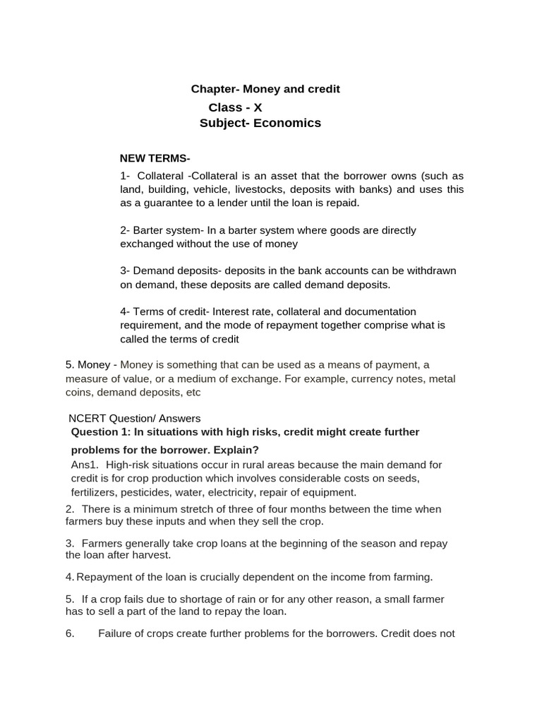 Economics (Chapter- Money and credit) | PDF