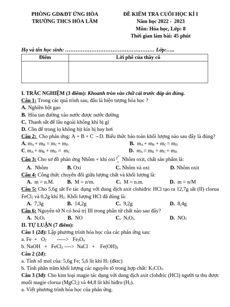 MA TRẬN ĐỀ KTRA CUỐI KÌ I (HÓA 8) | PDF