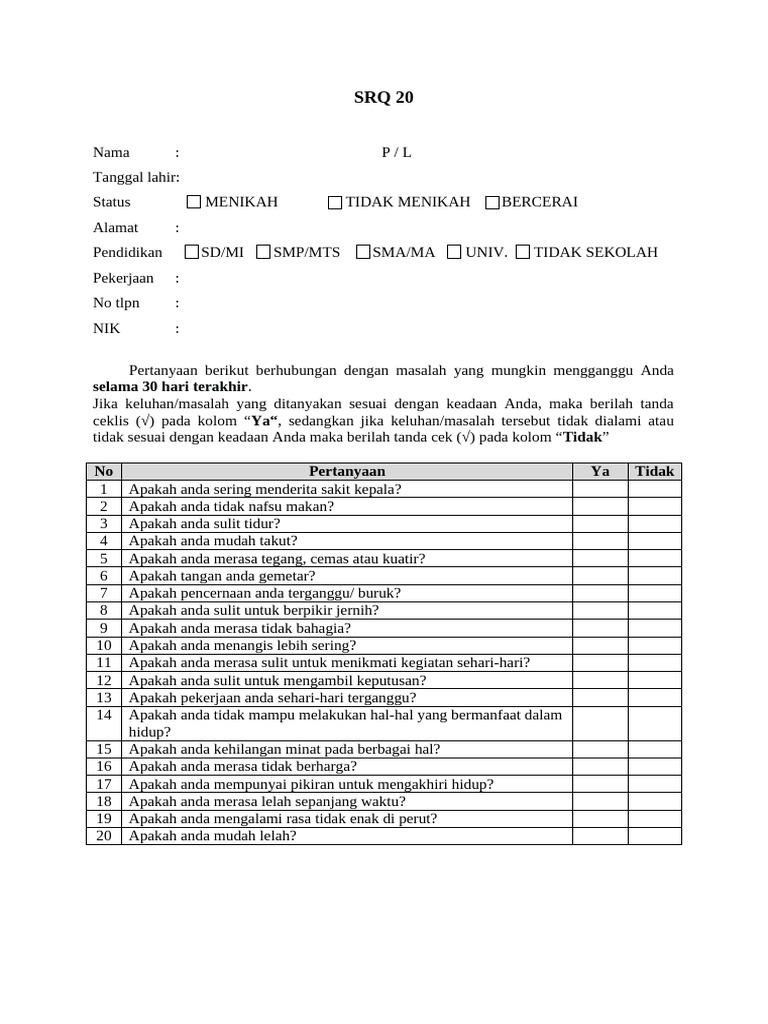 Kuesioner SRQ 20 | PDF | Lifestyle