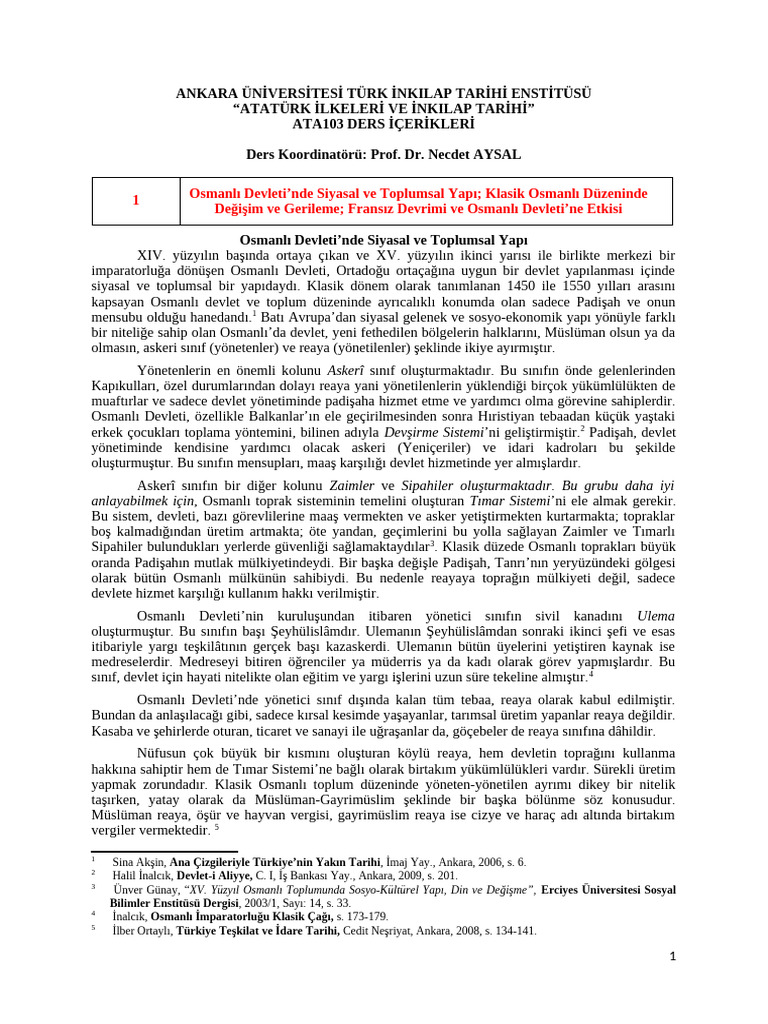 ATA103 Ataturk Ilkeleri Ve Inkilap Tarihi YILLIK Ders Notlari | PDF