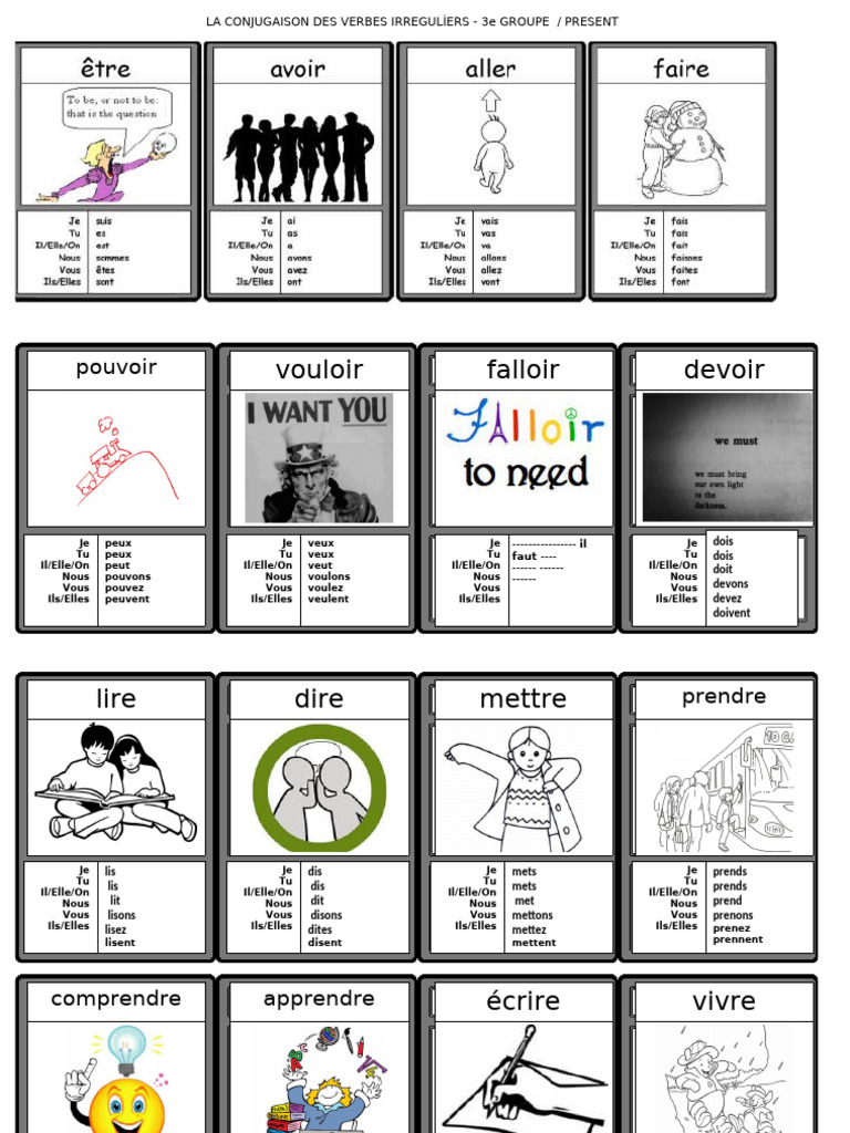 40 Cartes Verbes Irreguliers Au Present de Lindica Comprehension Ecrite ...