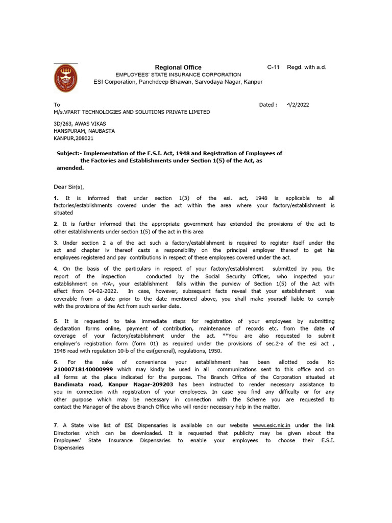 ESI Corporation, Panchdeep Bhawan, Sarvodaya Nagar, Kanpur: Regd. With ...