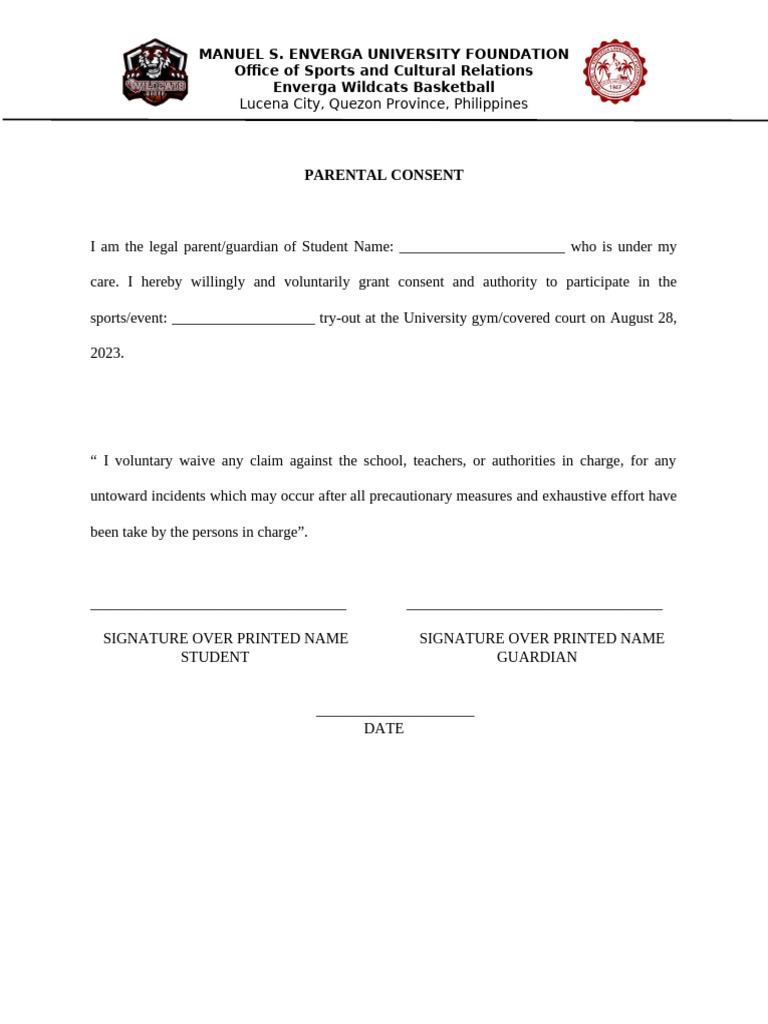 Enverga Wildcats Basketball Consent Form | PDF