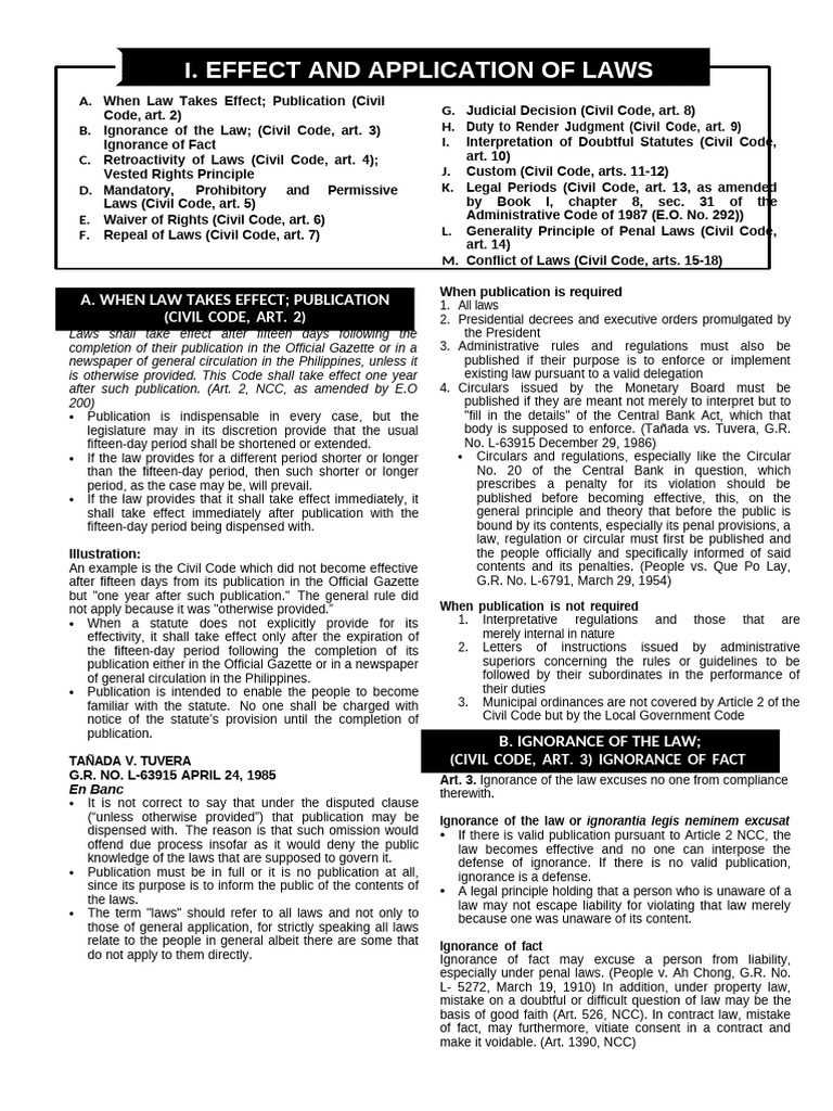 Effect and Application of Laws: A. When Law Takes Effect Publication ...