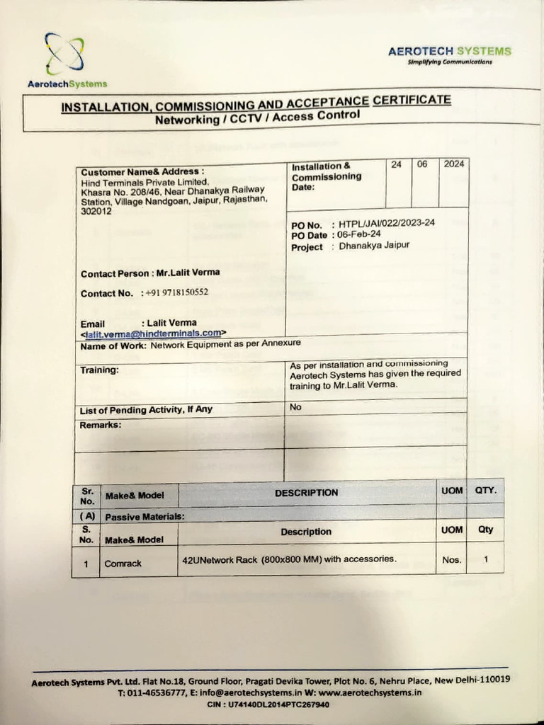 Installation, Commissioning and Acceptance Certificate 24 June 2024 | PDF