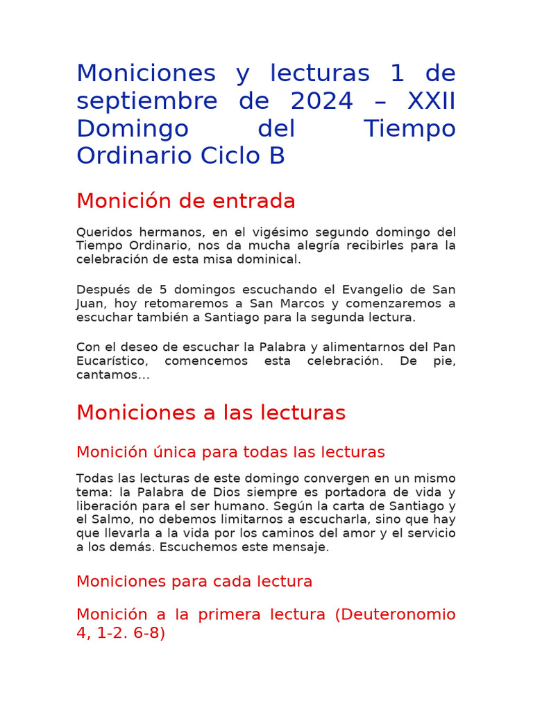 Moniciones y Lecturas de Septiembre de 2024 | PDF