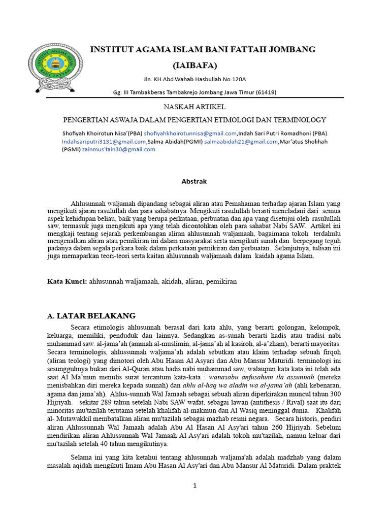 Artikel Pengertian Aswaja Dalam Pengertian Etimologi Dan Terminology | PDF