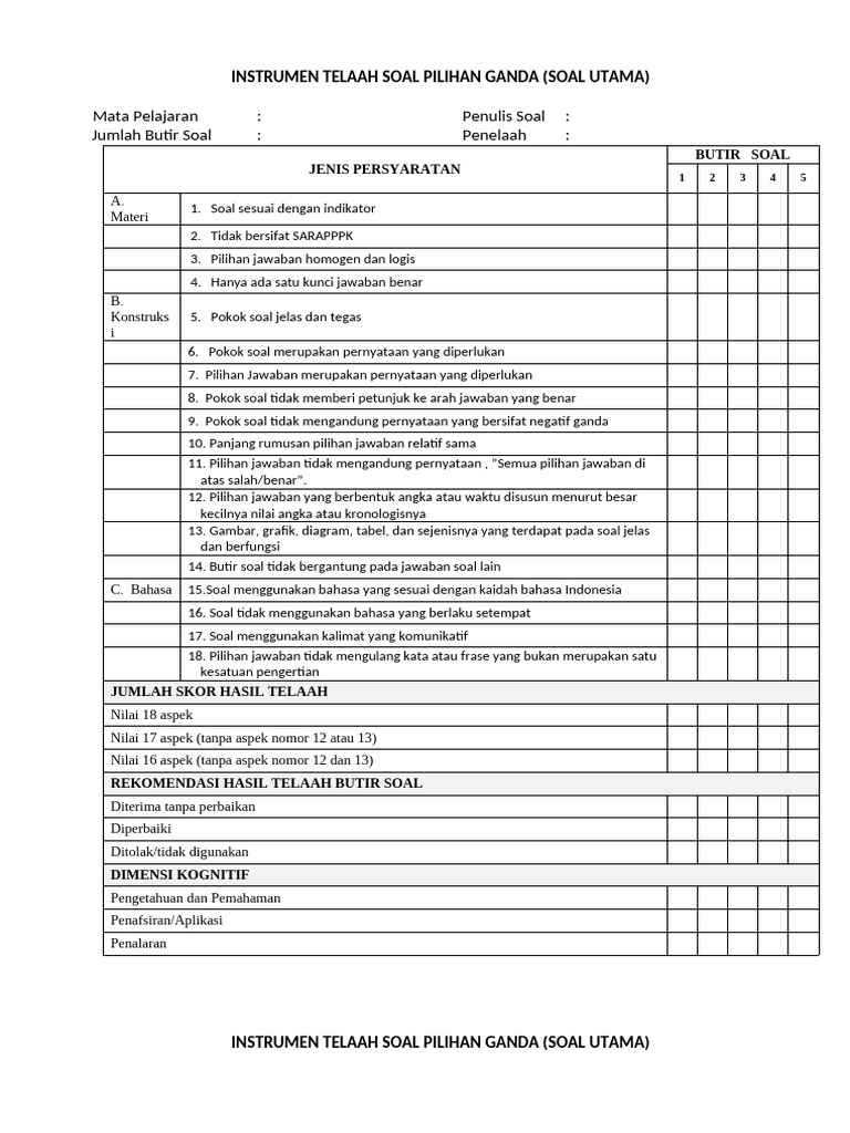 Instrumen Dan Contoh Telaah Soal Pilihan Ganda | PDF