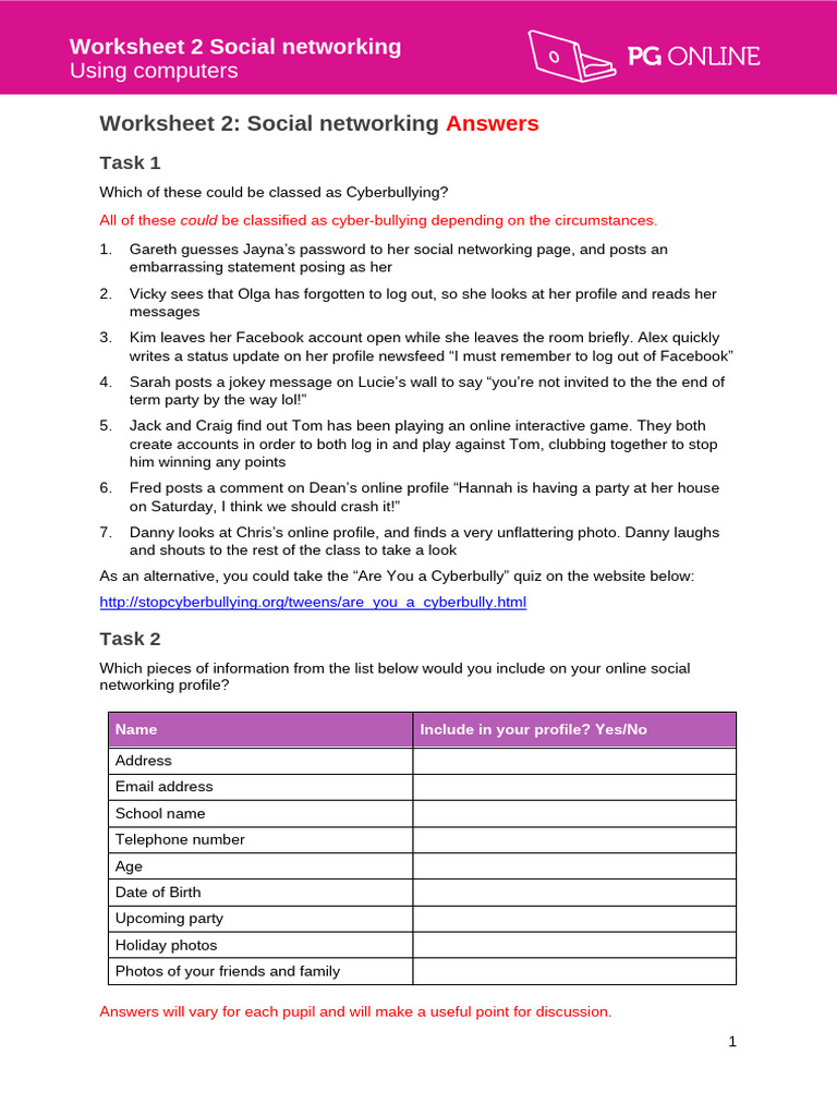 UCSER Worksheet 2 Social Networking Answers | PDF