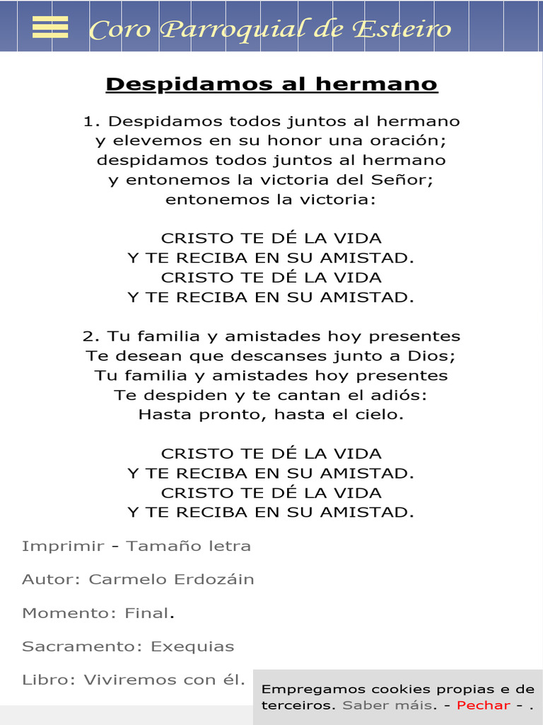 Letra de Despidamos Al Hermano. Coro Parroquial de Esteiro | PDF