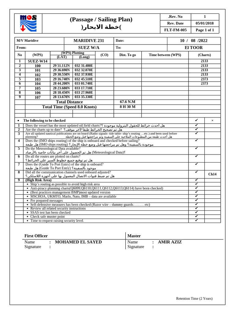 FLT-FM-005 Passage Sailing Plan | PDF