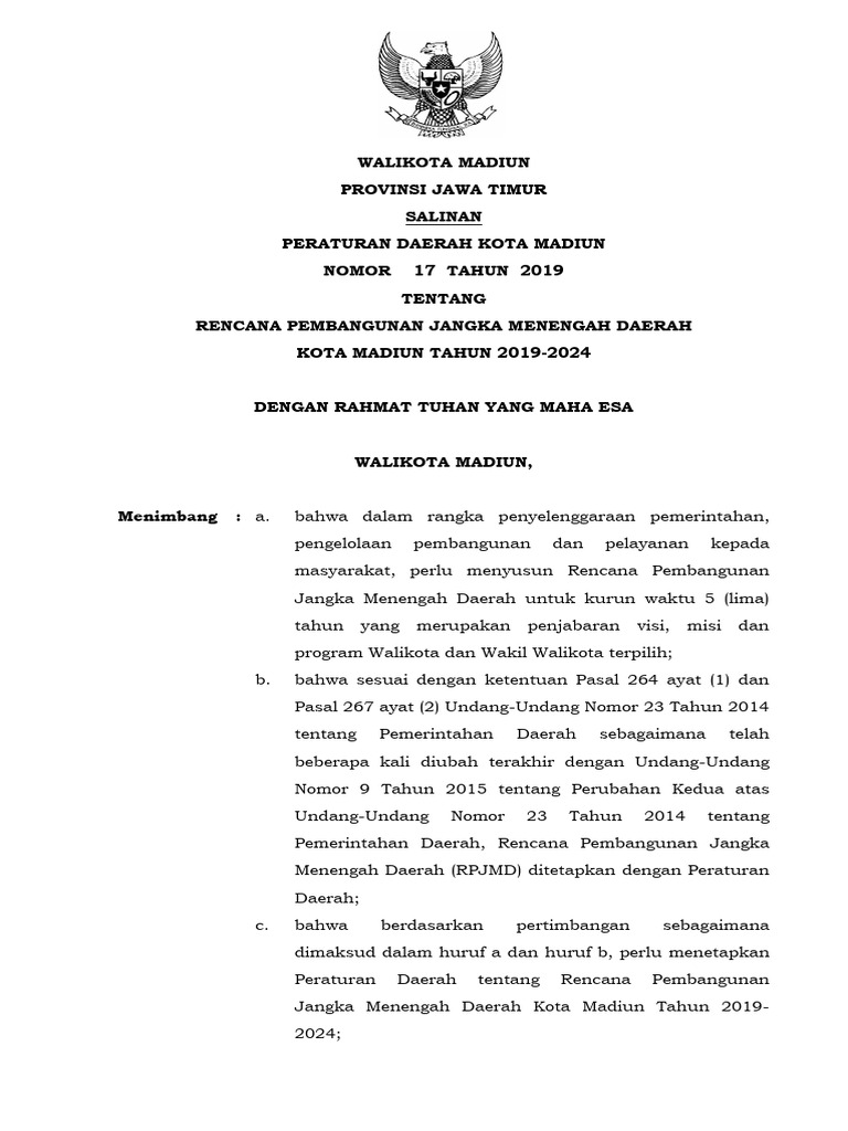 Perda No 17 Tahun 2019 Tentang RPJMD Kota Madiun Tahun 2019 2024 | PDF