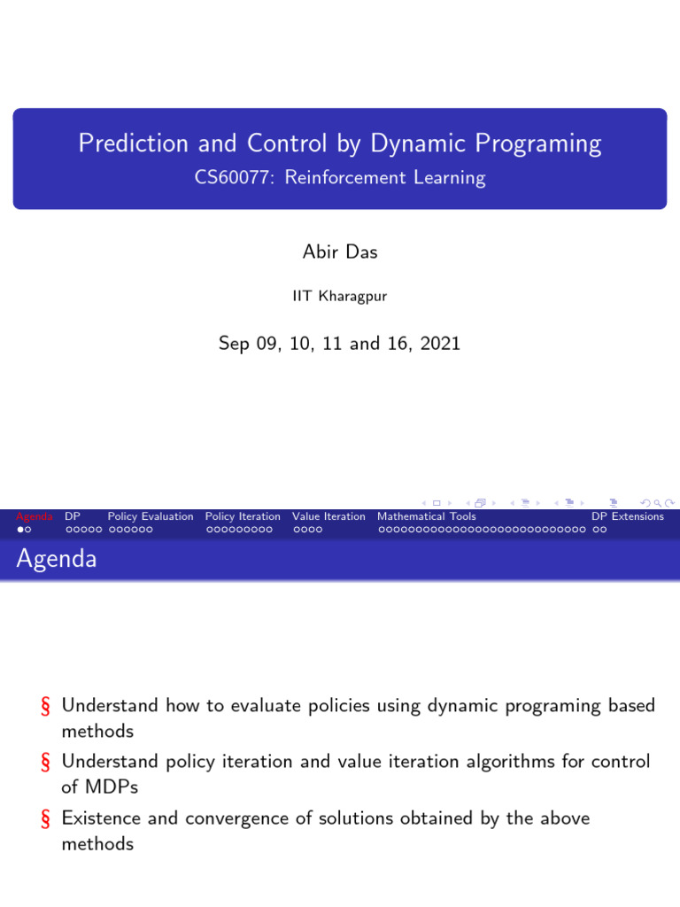 Prediction and Control by Dynamic Programing - CS60077 - Reinforcement Learning | PDF