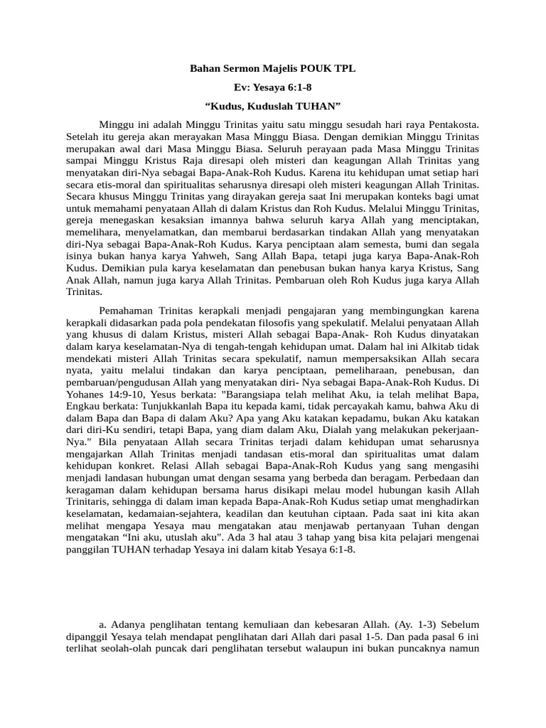 Bahan Sermon Majelis POUK TPL 22 Mei 2024 | PDF