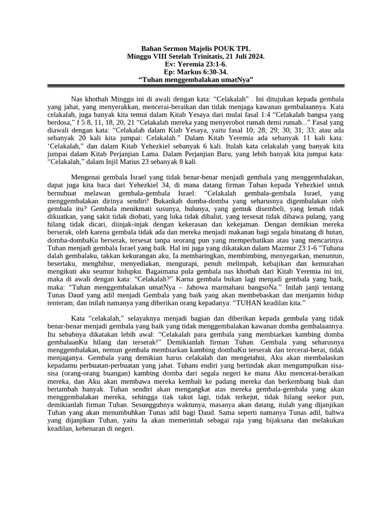 Bahan Sermon Majelis POUK TPL Minggu 21 July 2024 | PDF