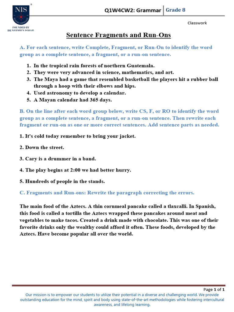 Sentence Fragments and Run-Ons: Q1W4CW2: Grammar | PDF