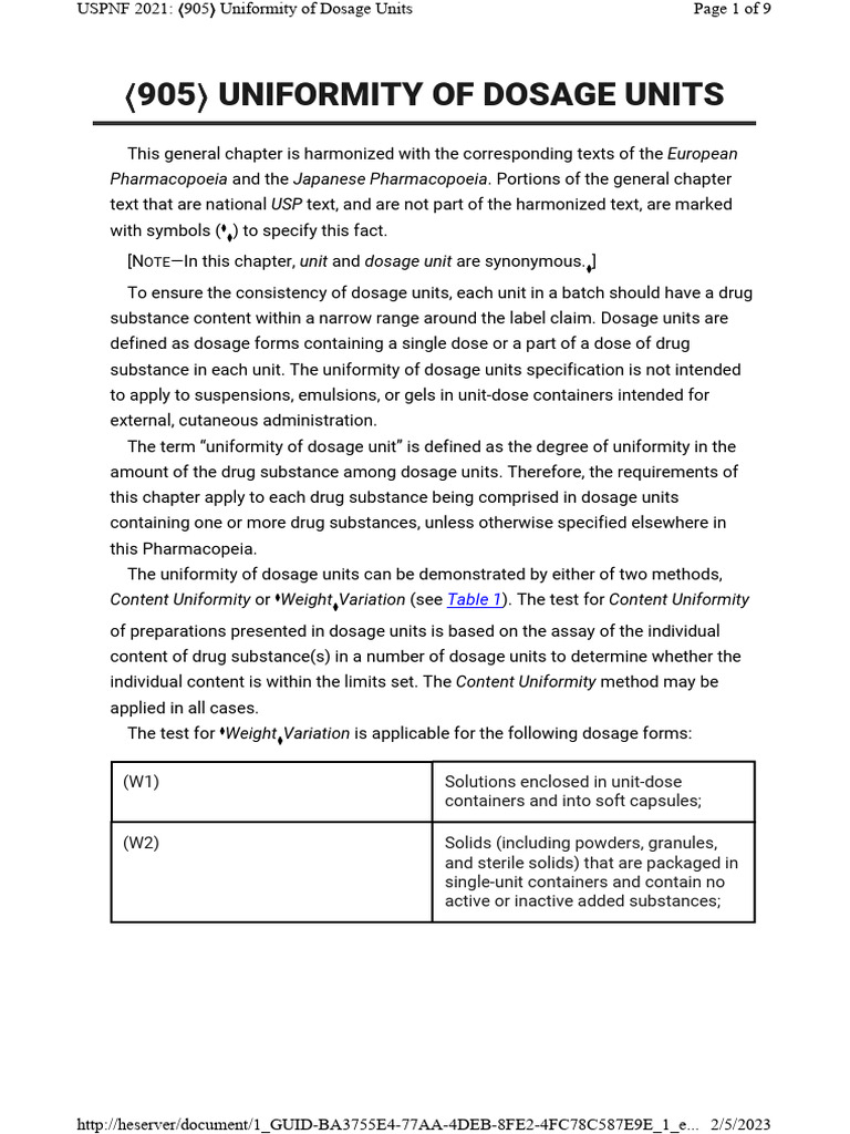 905 Uniformity of Dosage Units | PDF