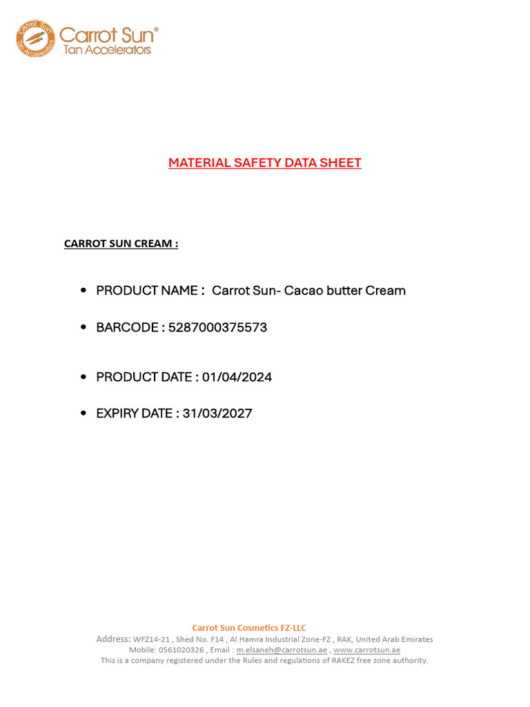 Data Sheet Carrot Sun Cream - 240720 - 151117 | PDF