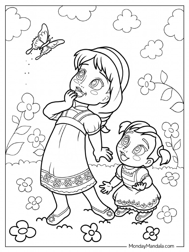 Baby Elsa and Anna Looking at Butterfly Coloring Page | PDF