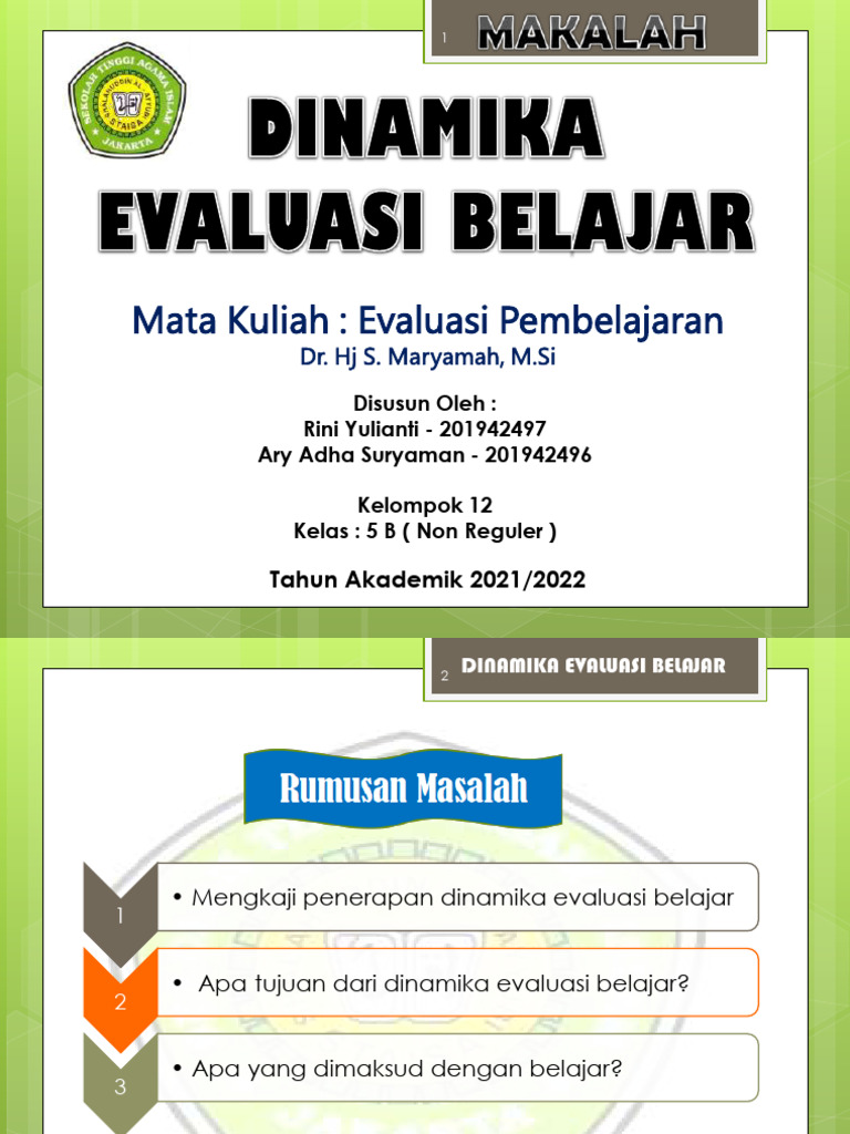 KELOMPOK 12 - DINAMIKA EVALUASI BELAJAR - Kelas 5B | PDF