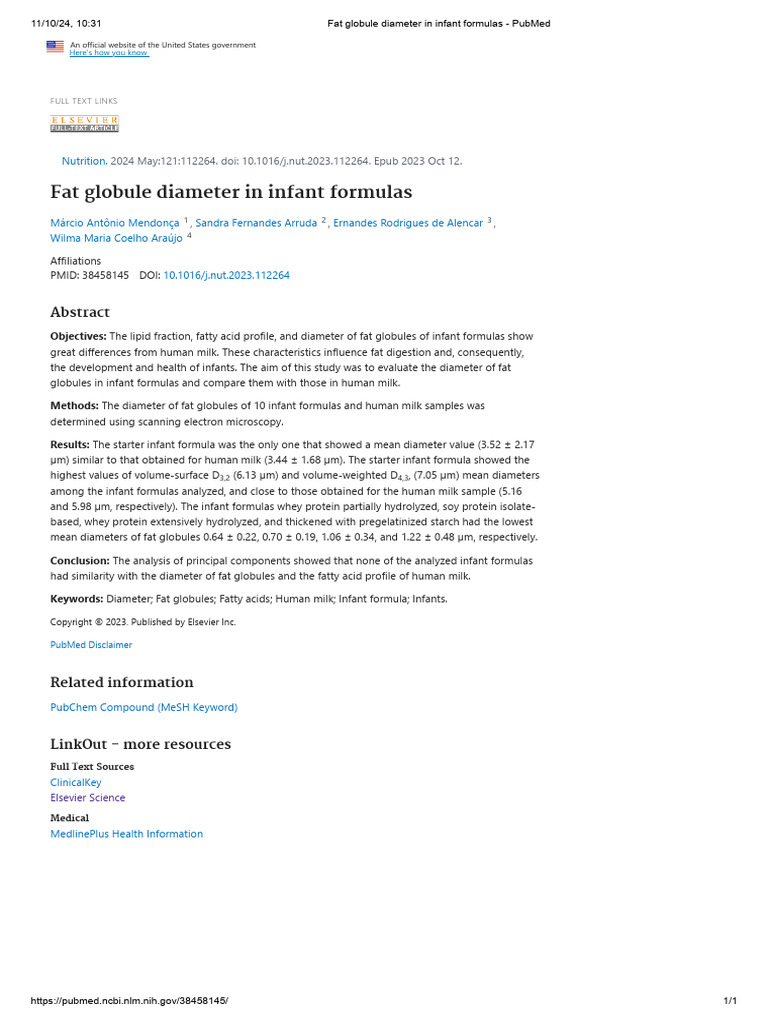 Fat Globule Diameter in Infant Formulas: 2024 May:121:112264. Doi: 10. ...