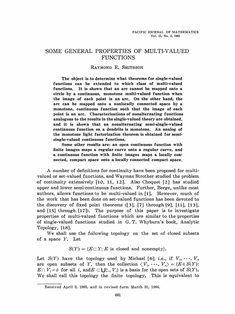 Some General Properties Of Multi-Valued Functions: Y. S (Y) = (Ea Y: E ...
