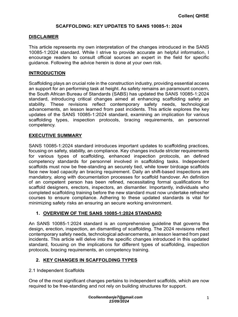 Article On Scaffolding - Key Updates To Sans 10085-1 - 2024 | PDF ...