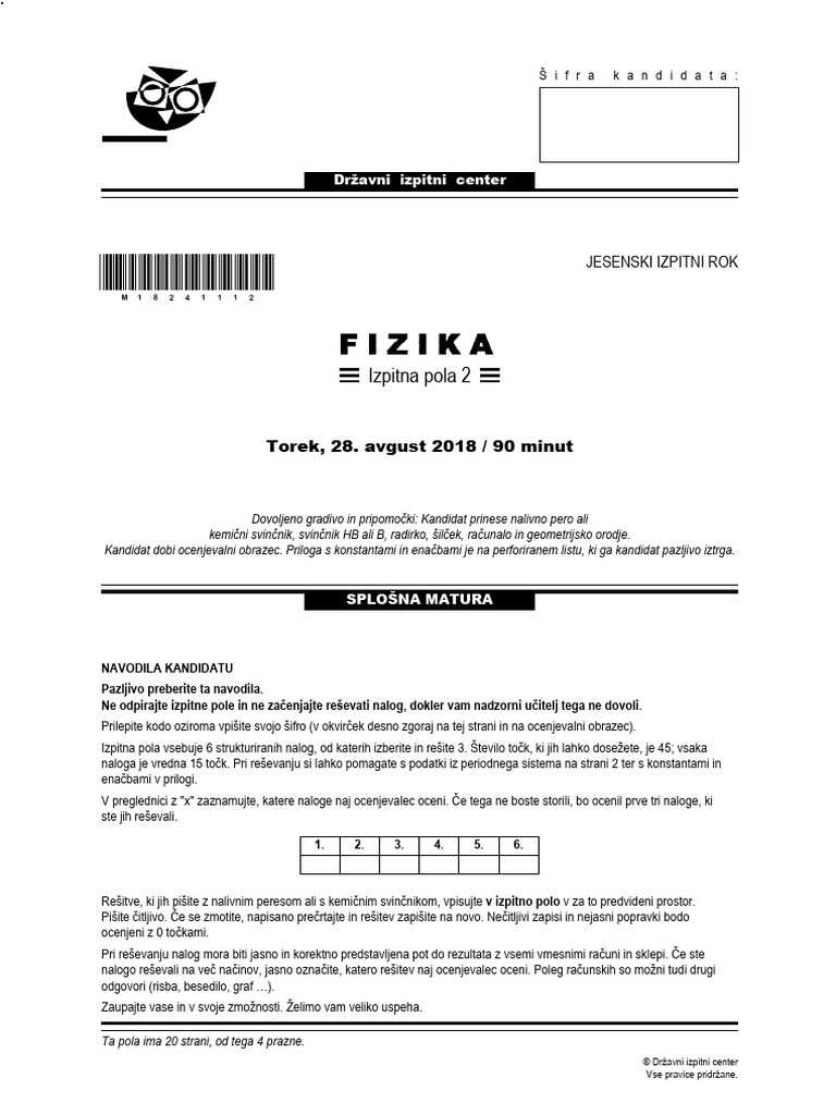 Izpitna Pola 2: Torek, 28. Avgust 2018 / 90 Minut | PDF