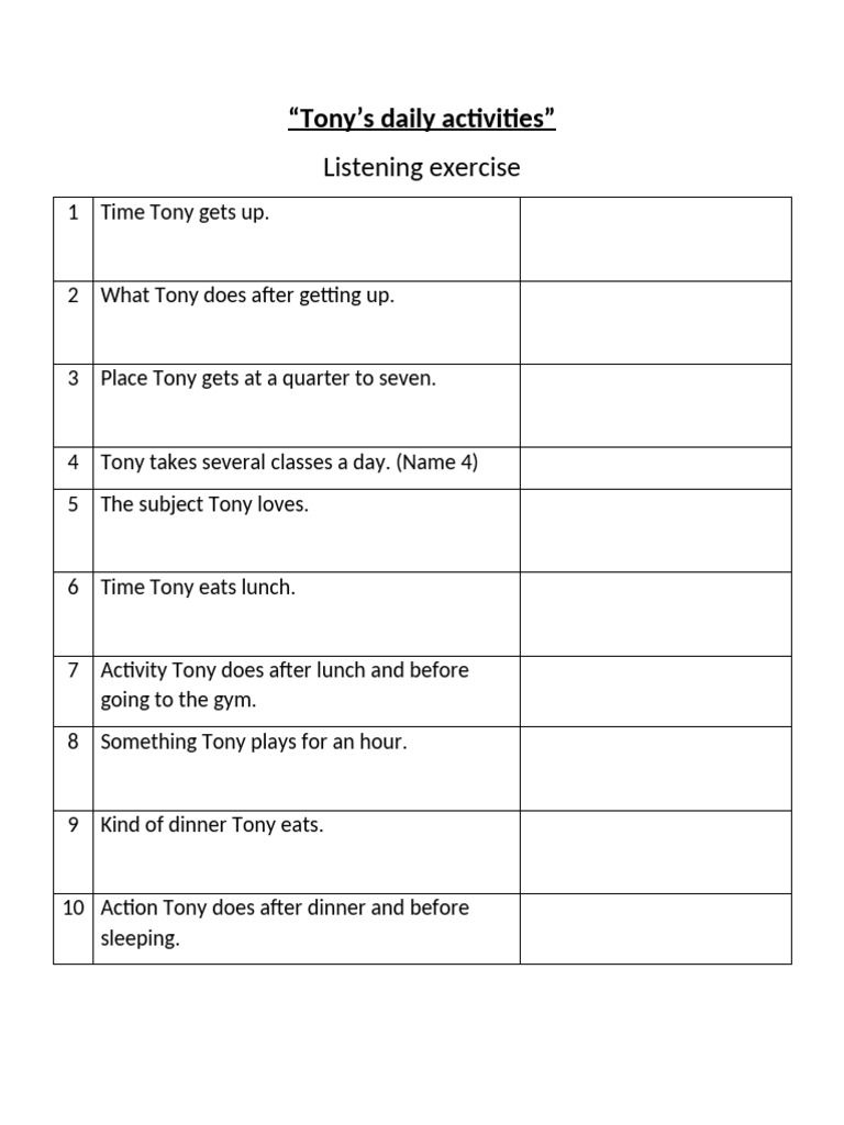 Tony S Daily Activities Listening Exercise | PDF