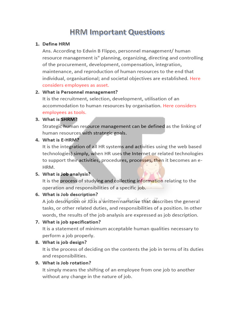 HRM Important Questions - KT | PDF