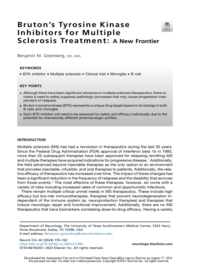 Bruton's Tyrosine Kinase Inhibitors For Multiple Sclerosis Treatment - A New Frontier | PDF ...