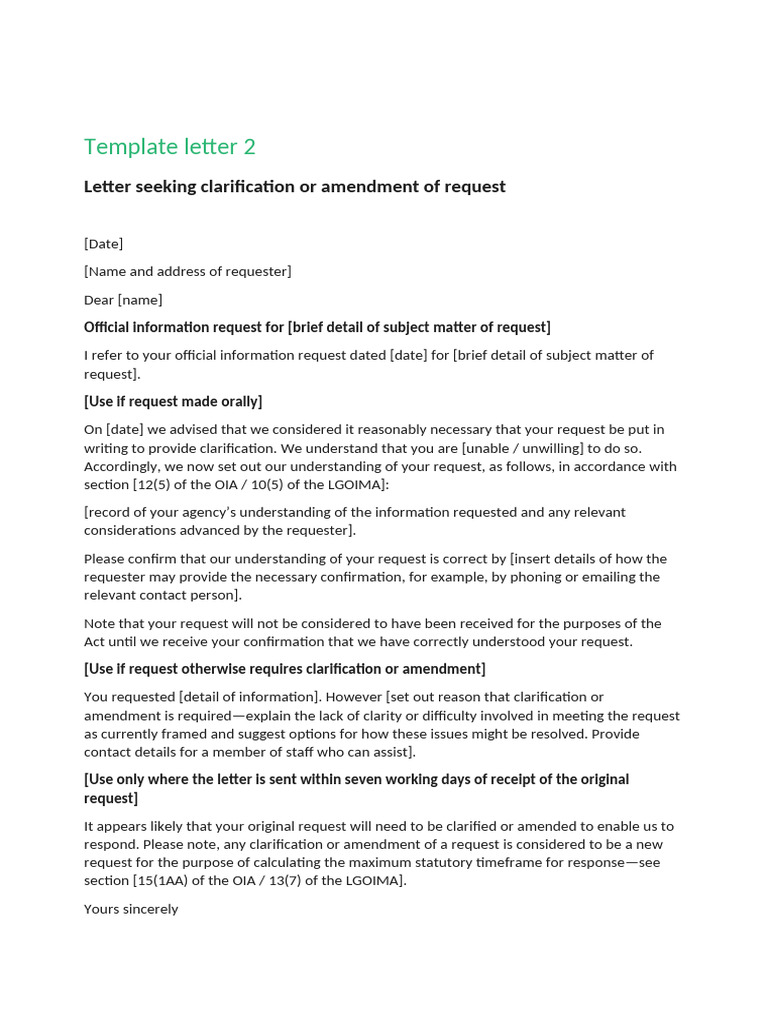 Template Letter 2 - Letter Seeking Clarification or Amendment of ...