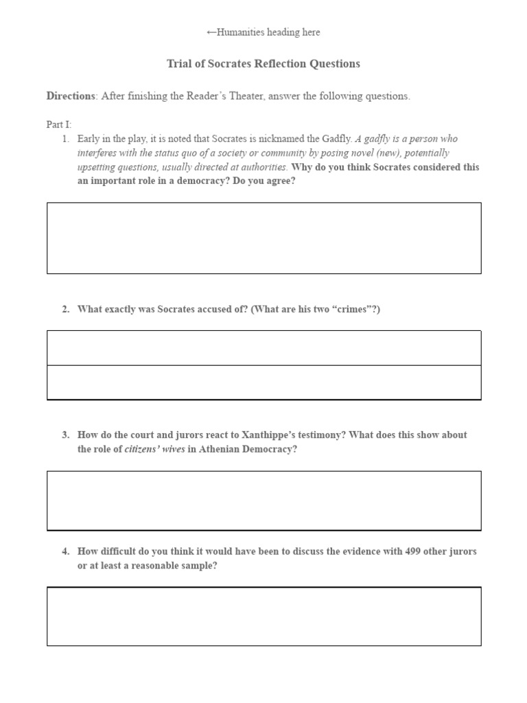 Socrates Trial Reflection Questions | PDF