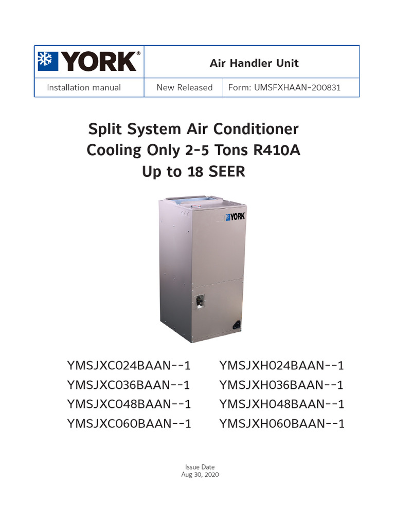 Installation Manual 18 SEER AHU Indoor UMSFXHAAN-200831 | PDF